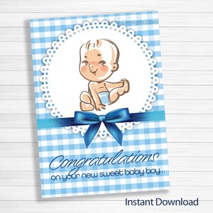 Printable Baby Boy Greeting Card Congratulations New Baby Blue Gingham ...