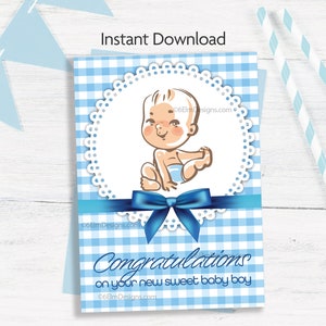 Printable Baby Boy Greeting Card Congratulations New Baby Blue Gingham ...
