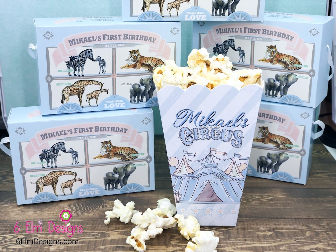 Pastel Blue Circus Popcorn Favor Boxes | Carnival Birthday Party ...