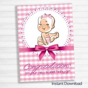 Printable Baby Girl Greeting Card Congratulations New Baby Pink Gingham ...