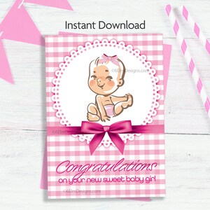 Printable Baby Girl Greeting Card Congratulations New Baby Pink Gingham ...
