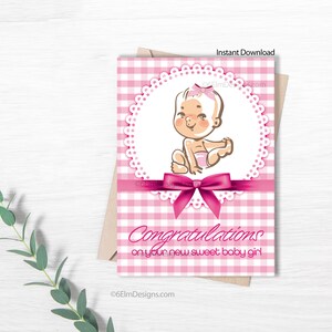 Printable Baby Girl Greeting Card Congratulations New Baby Pink Gingham ...