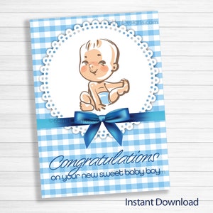 Printable Baby Boy Greeting Card Congratulations New Baby Blue Gingham ...