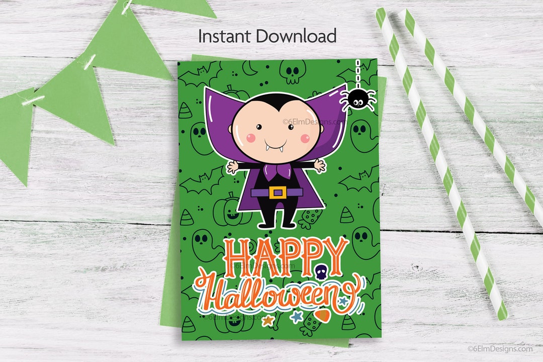 Printable Happy Halloween Vampire Greeting Card, Downloadable Halloween ...