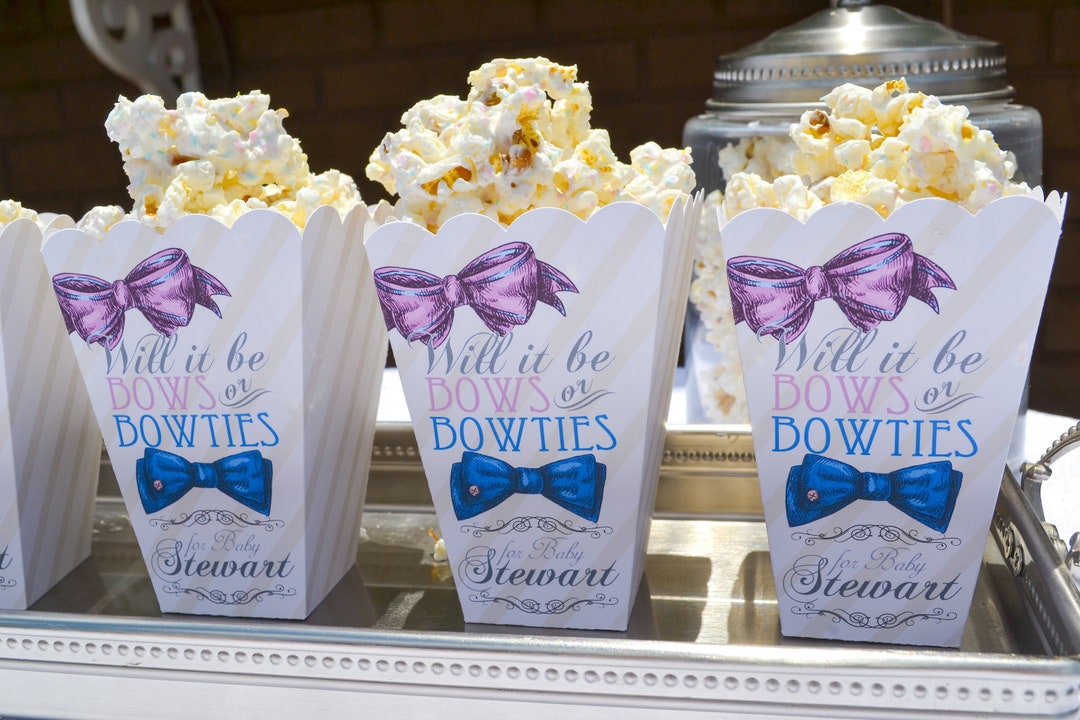 Gender Reveal Party Popcorn Boxes - Bow or Bow Ties Gender Reveal Theme ...