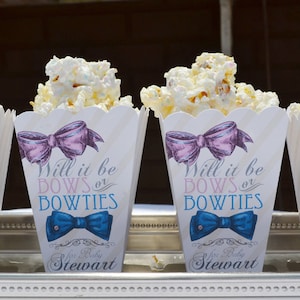 Gender Reveal Party Popcorn Boxes - Bow or Bow Ties Gender Reveal Theme ...