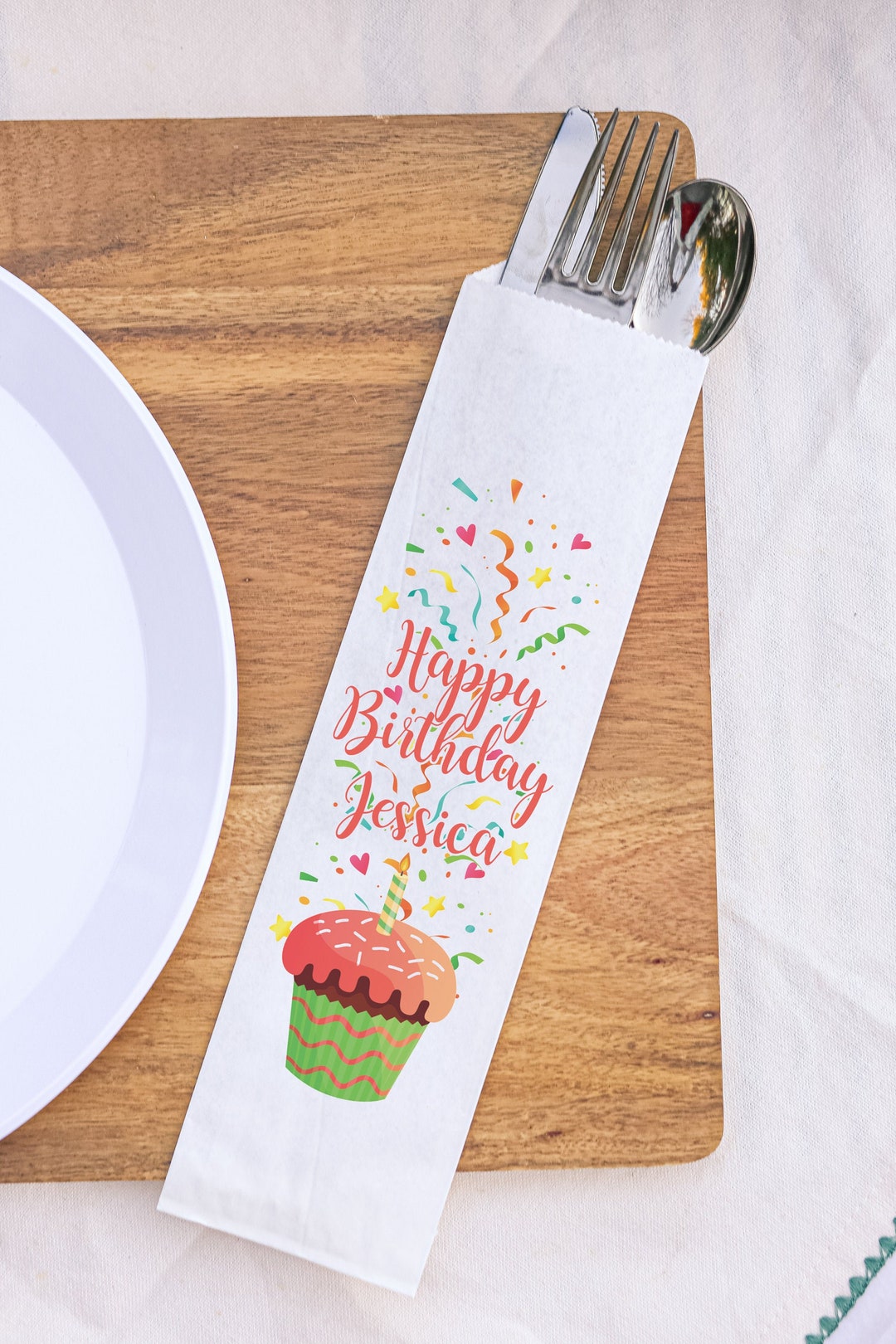 Happy Birthday Cupcake and Streamers Silverware Bags Utensil Flatware ...