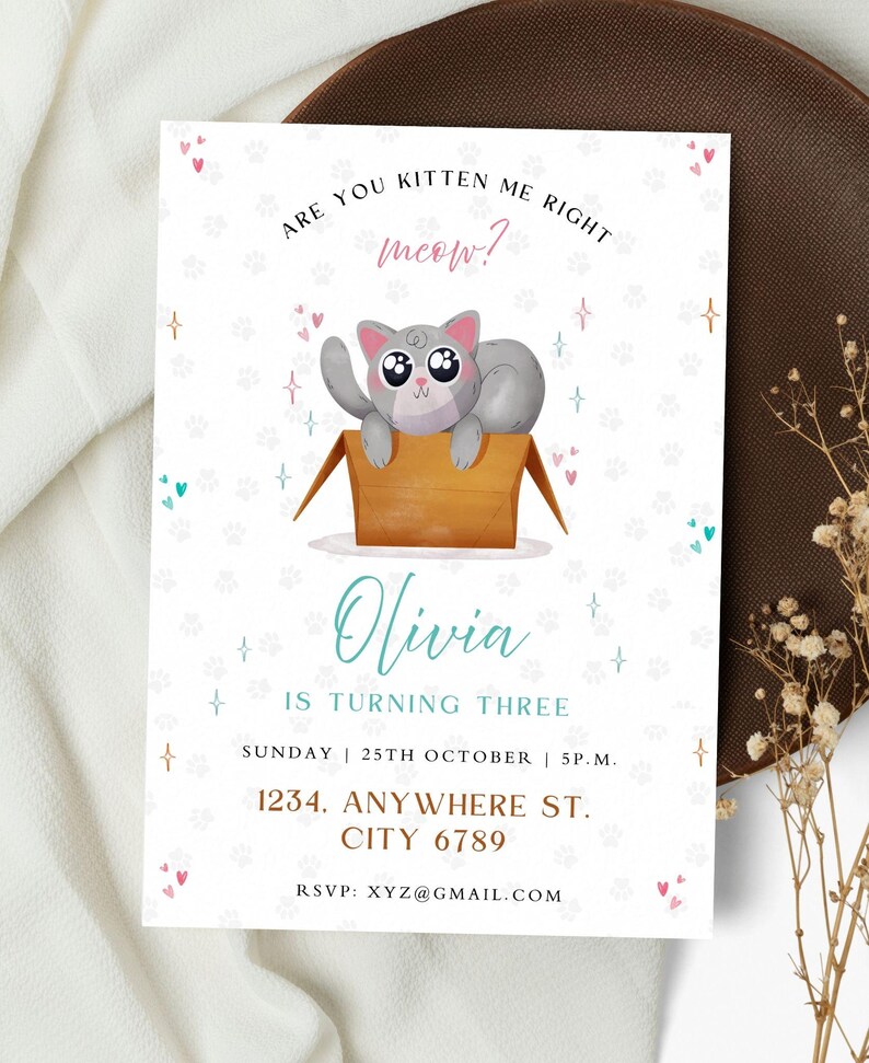 Cat Birthday Invitation Template, Kitten Birthday Invite, Let’s Pawty Cat Party Invitation ...