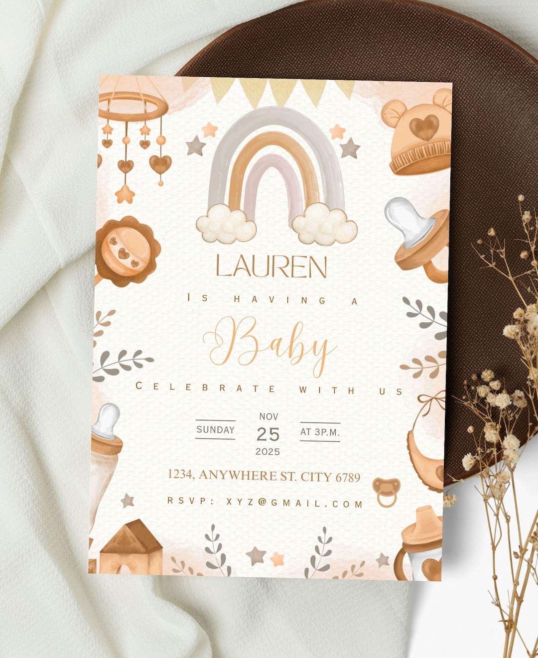 Boho Rainbow Baby Shower Invitation, Editable Canva Baby Shower ...