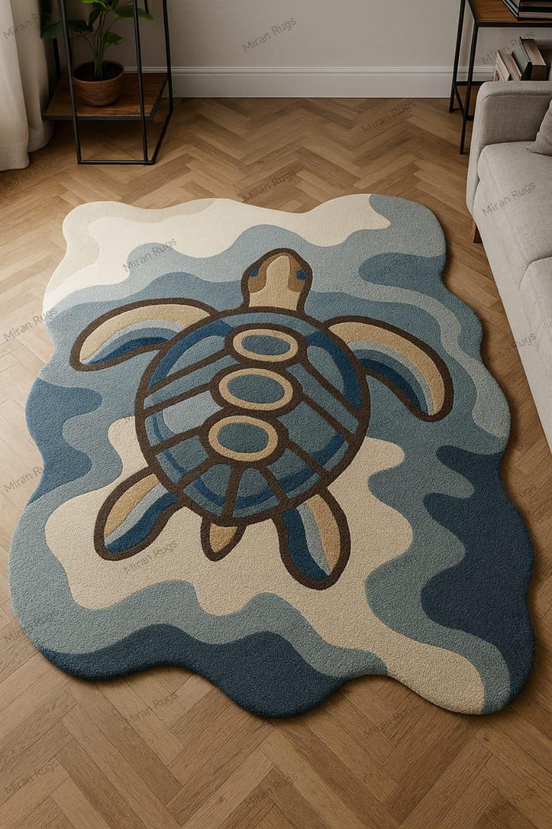 Hand-tufted Turtle-inspired Artistic Rug With Oceanic Wave Edges, - Etsy