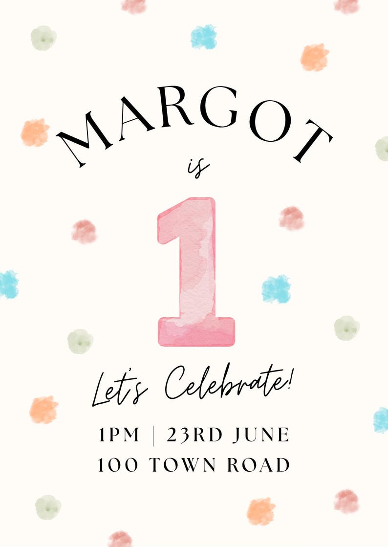 Polka Dot Birthday Invitation Template: Watercolor Children's Party ...