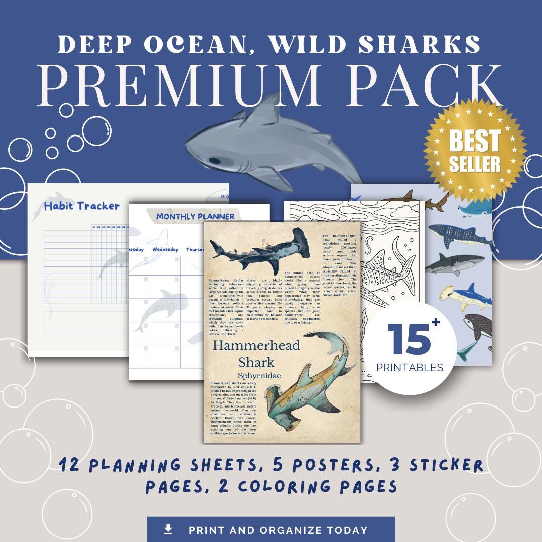 Shark Printable Kit | Planners, Habit Trackers, Shark Posters, Stickers ...