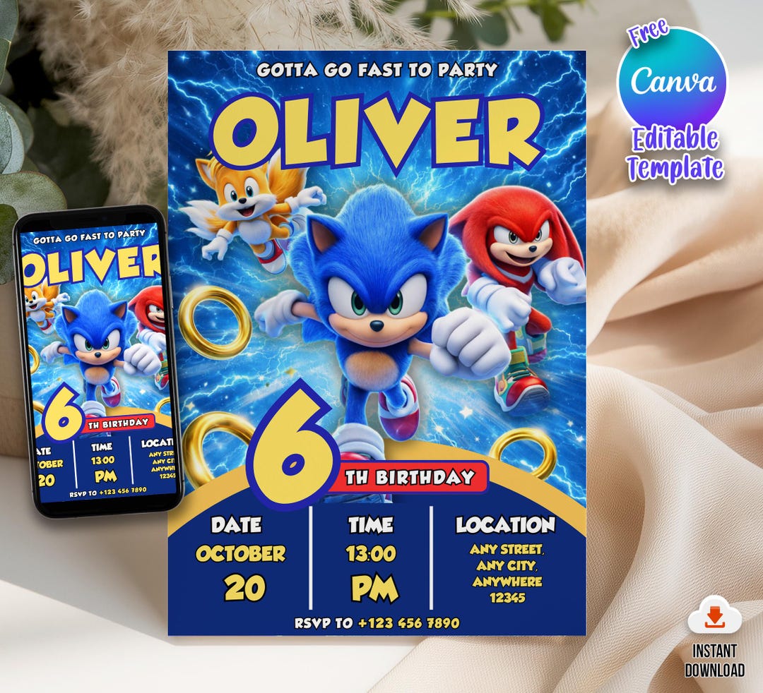 Sonic Birthday Invitation for Kids Party, Sonic the Hedgehog Boys Party ...