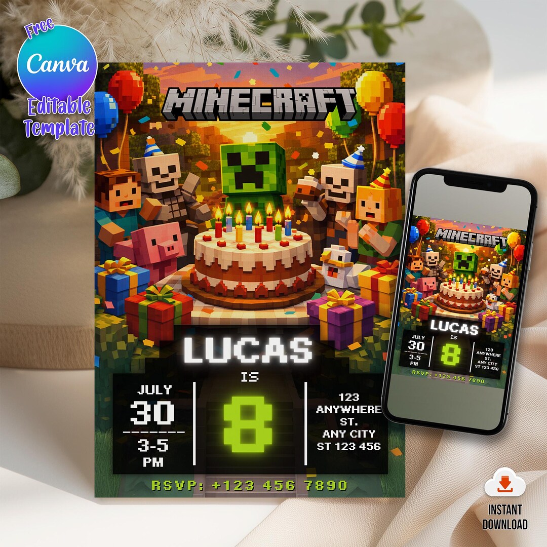 Minecraft Birthday Invitation Template, Gamer Party Card, Editable ...