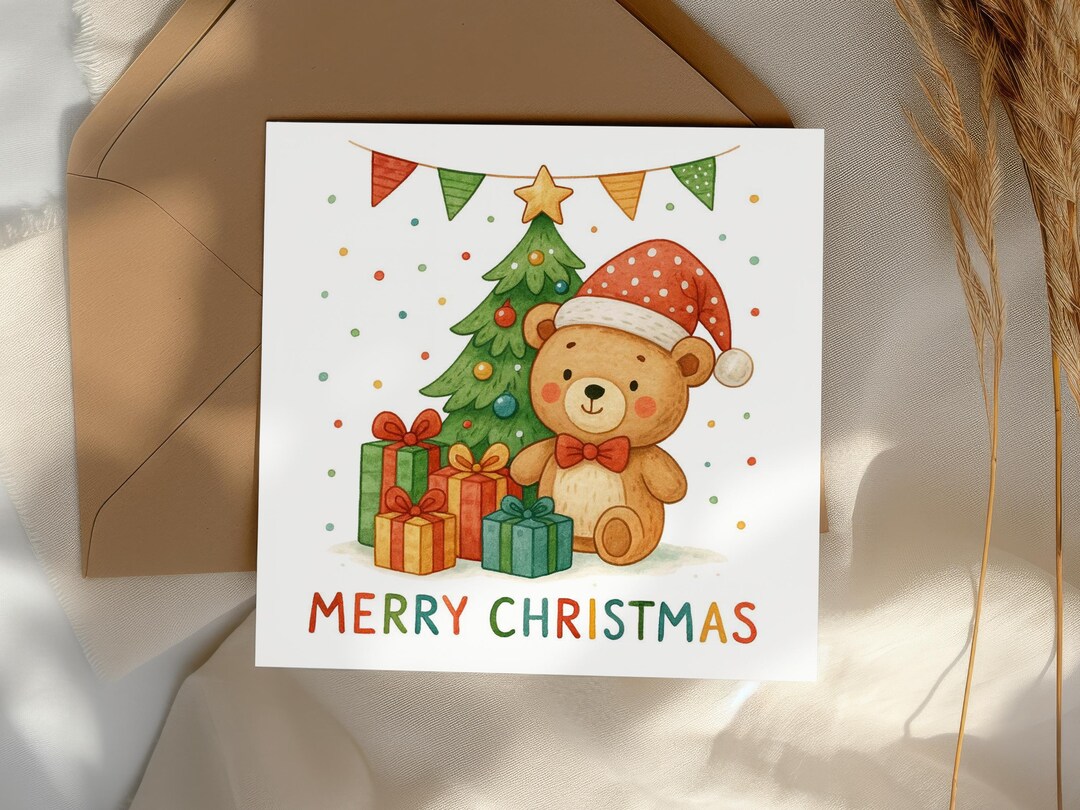 Printable Teddy Bear Christmas Card, Festive Holiday Greeting (PDF ...