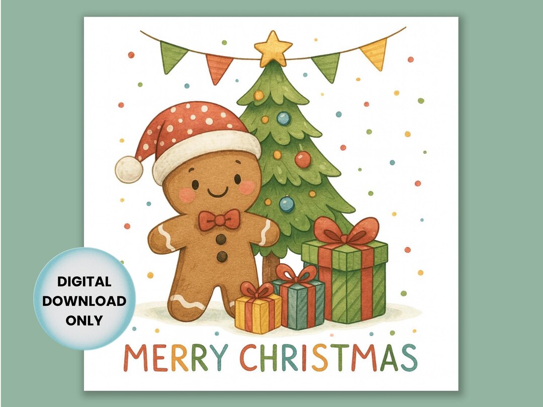 Printable Christmas Card Gingerbread Man, Digital Holiday Greeting ...