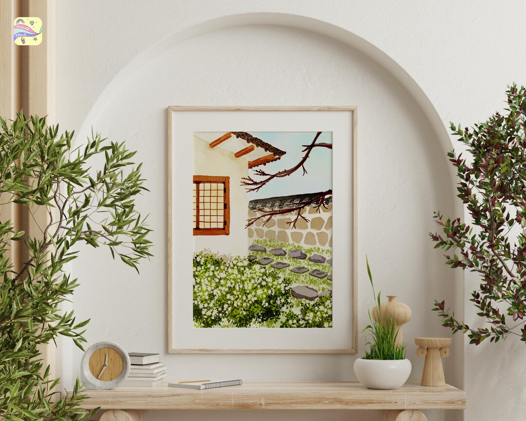 Hanok Korean House Backyard Hand Drawn Watercolor Painting Art Print ...