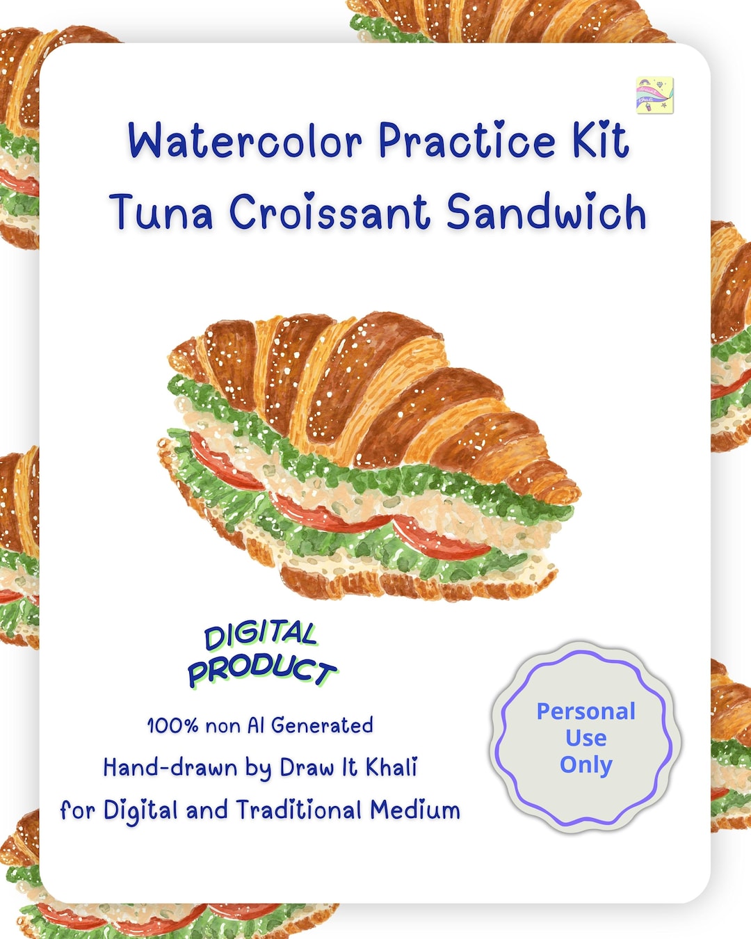 Watercolor Painting Kit Digital Download Croissant Sandwich Beginner ...