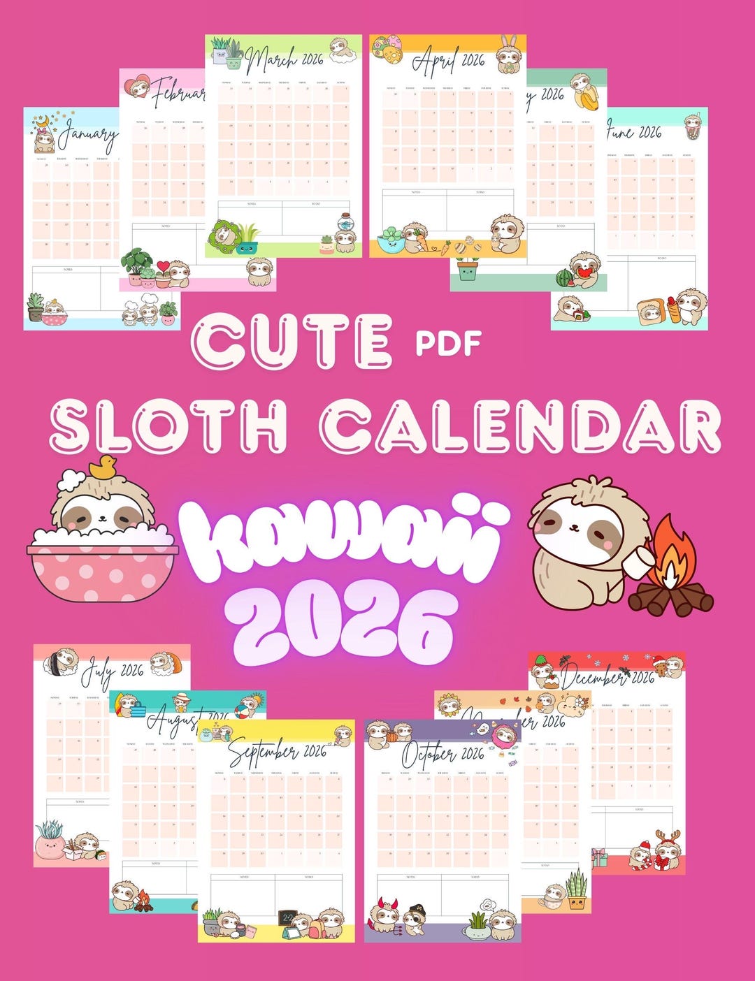 2026 Kawaii Sloth Calendar | Anime Theme (PDF Planner Download - Etsy