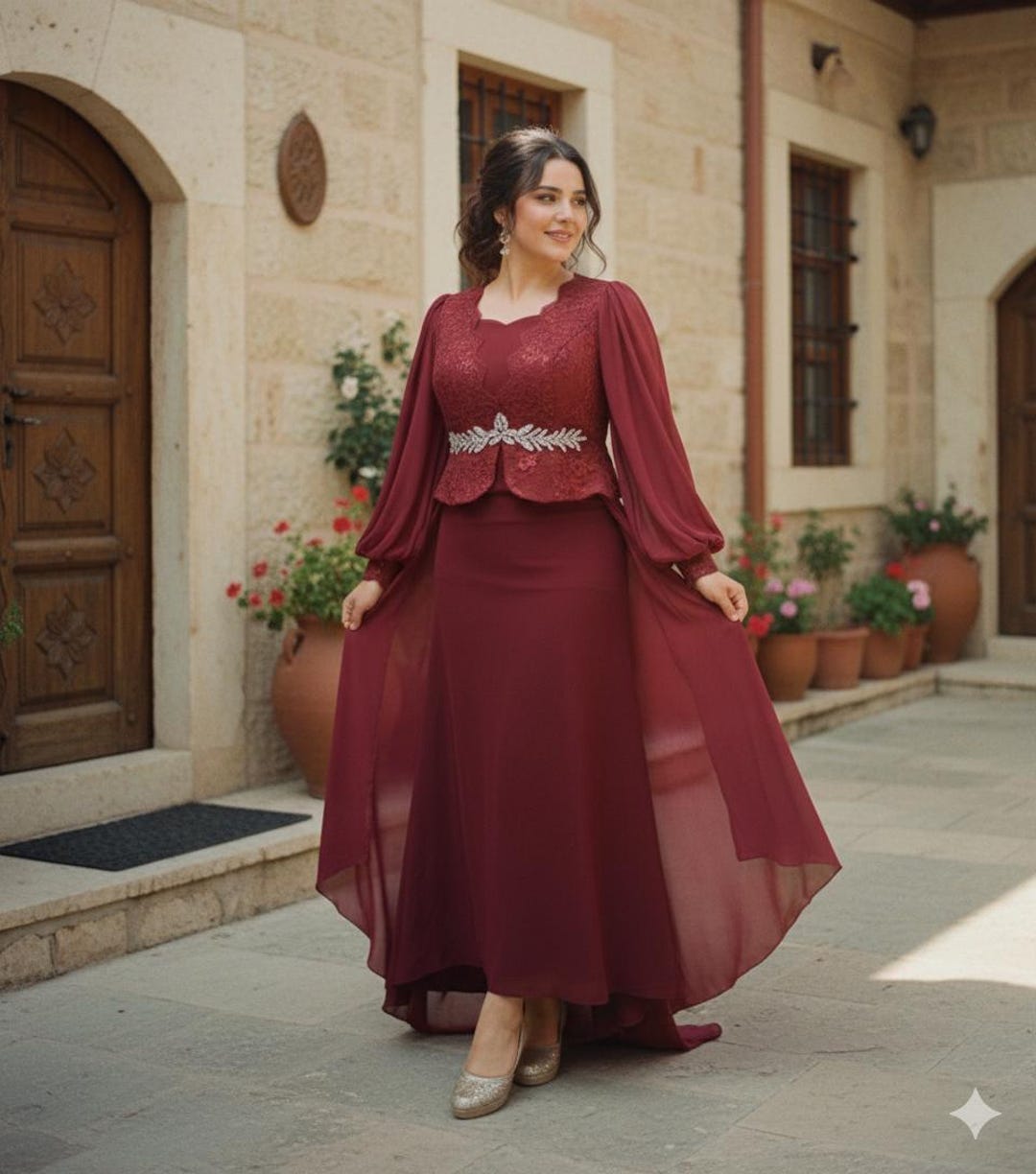 Burgundy Lace Maxi Dress– Vintage Turkish, Anatolian Beaded Gown - Etsy