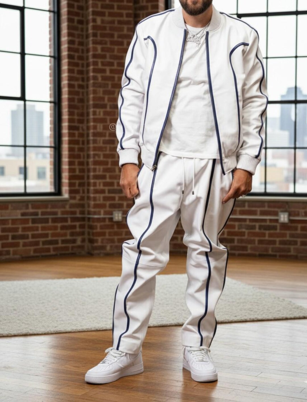 Handmade Men's White Leather Morning Tracksuit Set - Winter Leather ...