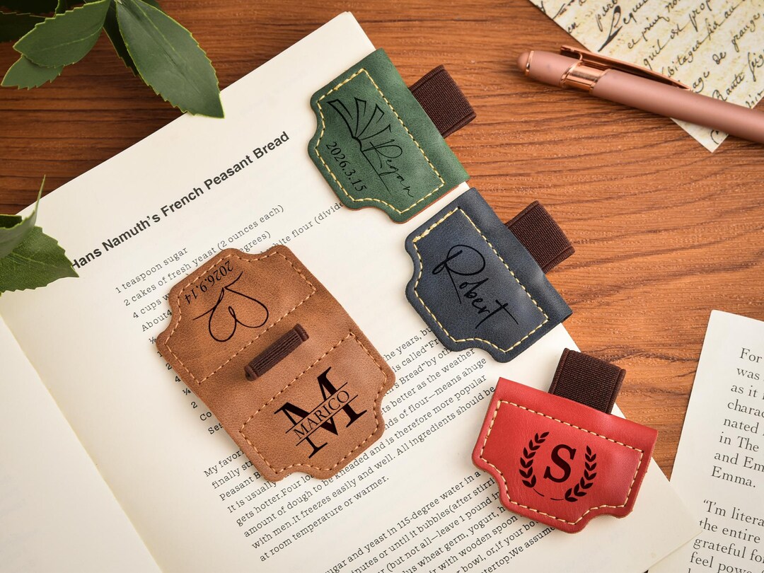 Custom Leather Bookmark, Magnetic Pen Clip, Engraved Gift. - Etsy