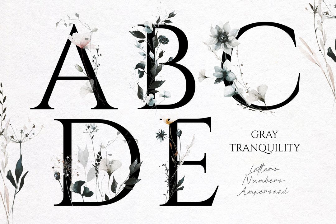 Watercolor Floral Alphabet PNG: Gray Botanical Letters & Numbers ...