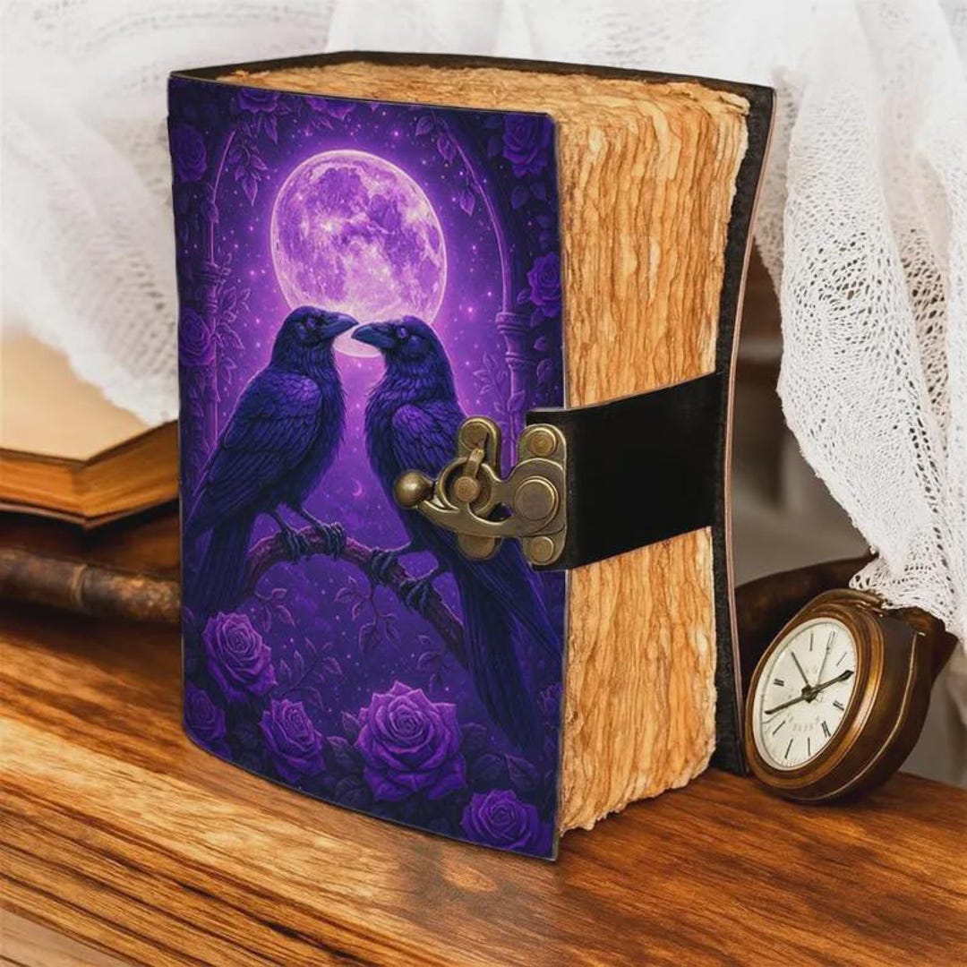 Raven Couple Journal – Gothic Leather Spellbook Grimoire With Full Moon ...