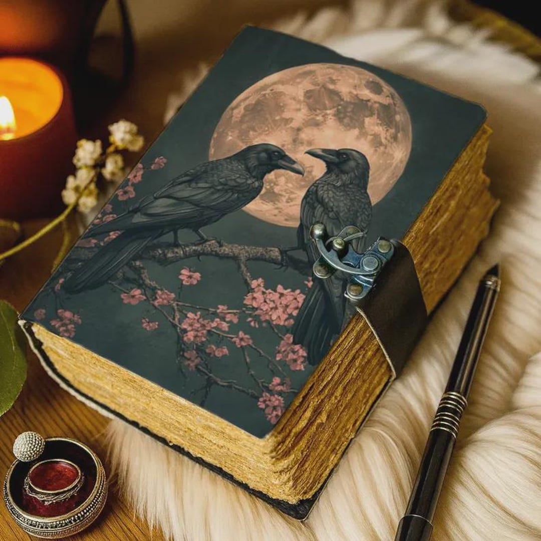 Raven Couple Journal – Gothic Leather Spellbook Grimoire With Full Moon ...