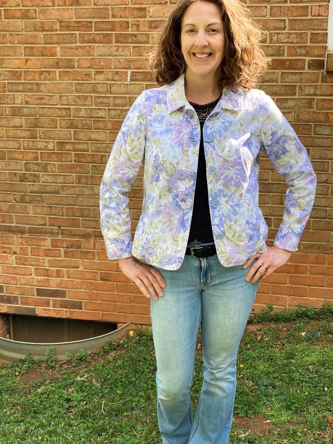 Vintage Lavender Floral Jean Jacket, Size M Watercolor Print Classic ...