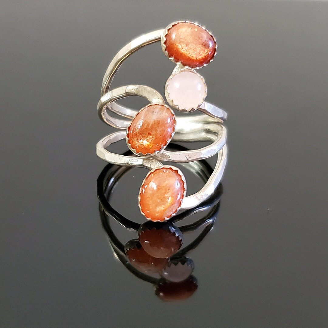 Sterling Silver, Sunstone and Rose Quartz Freeform Multi Stone Ring - Etsy