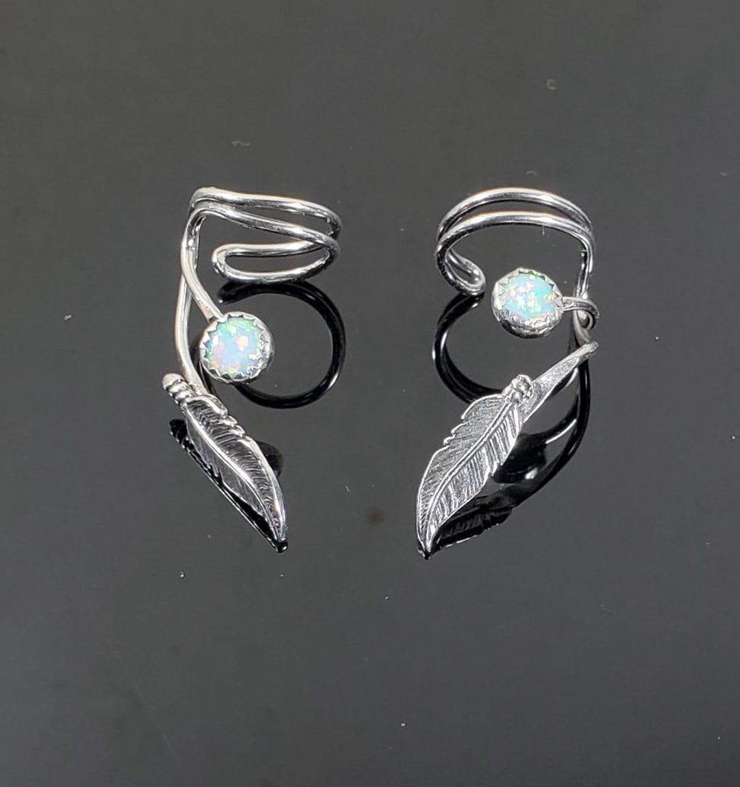 Sterling Silver and Synthetic Opal Feather Earcuff - Etsy
