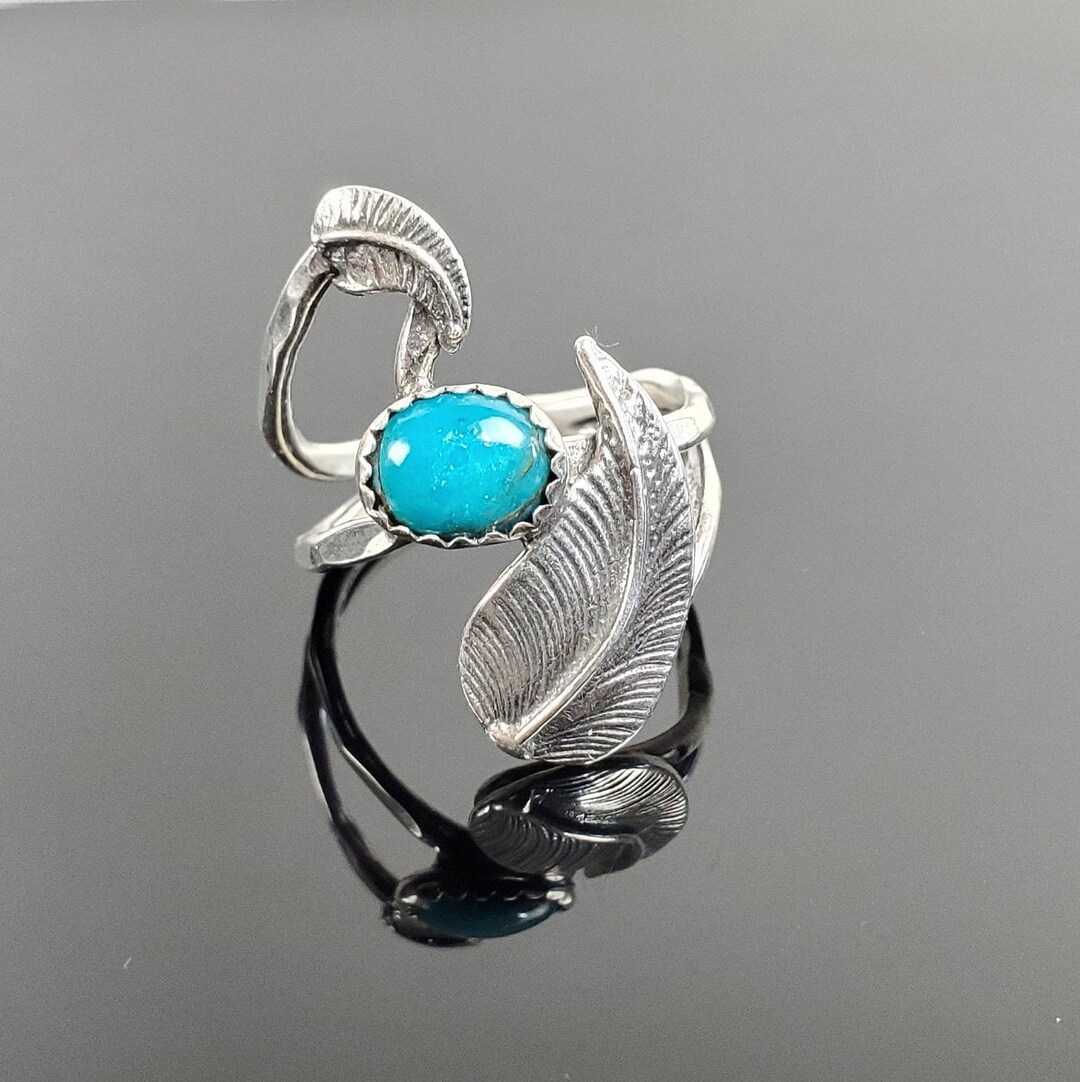 Sterling Silver Double Feather and Turquoise Ring - Etsy