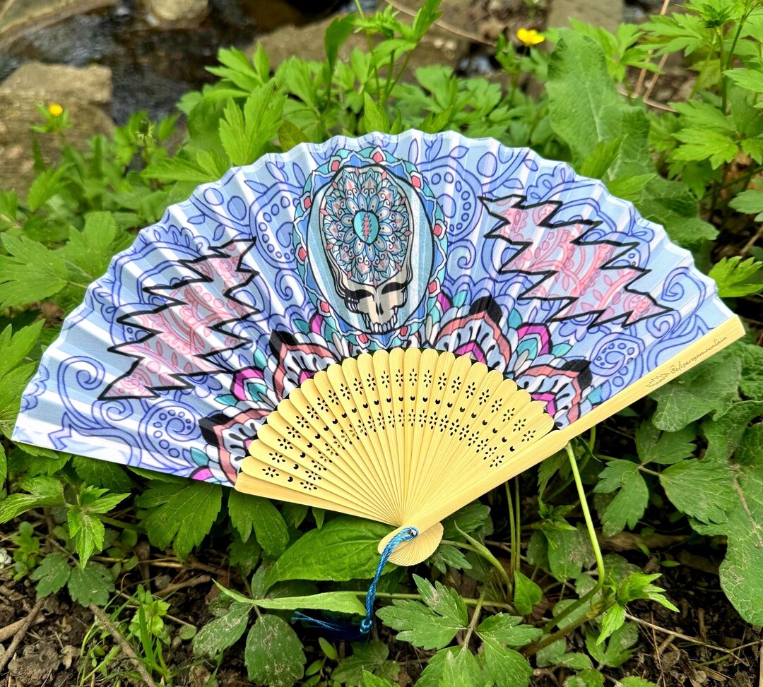Bamboo Hand Fan With Blue Henna Stealie - Etsy