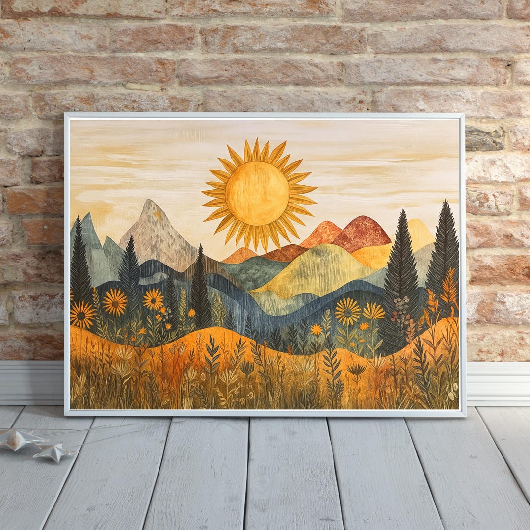 Southwestern Sun, Boho Mountain Landscape, Floral Home Decor - Rolled ...