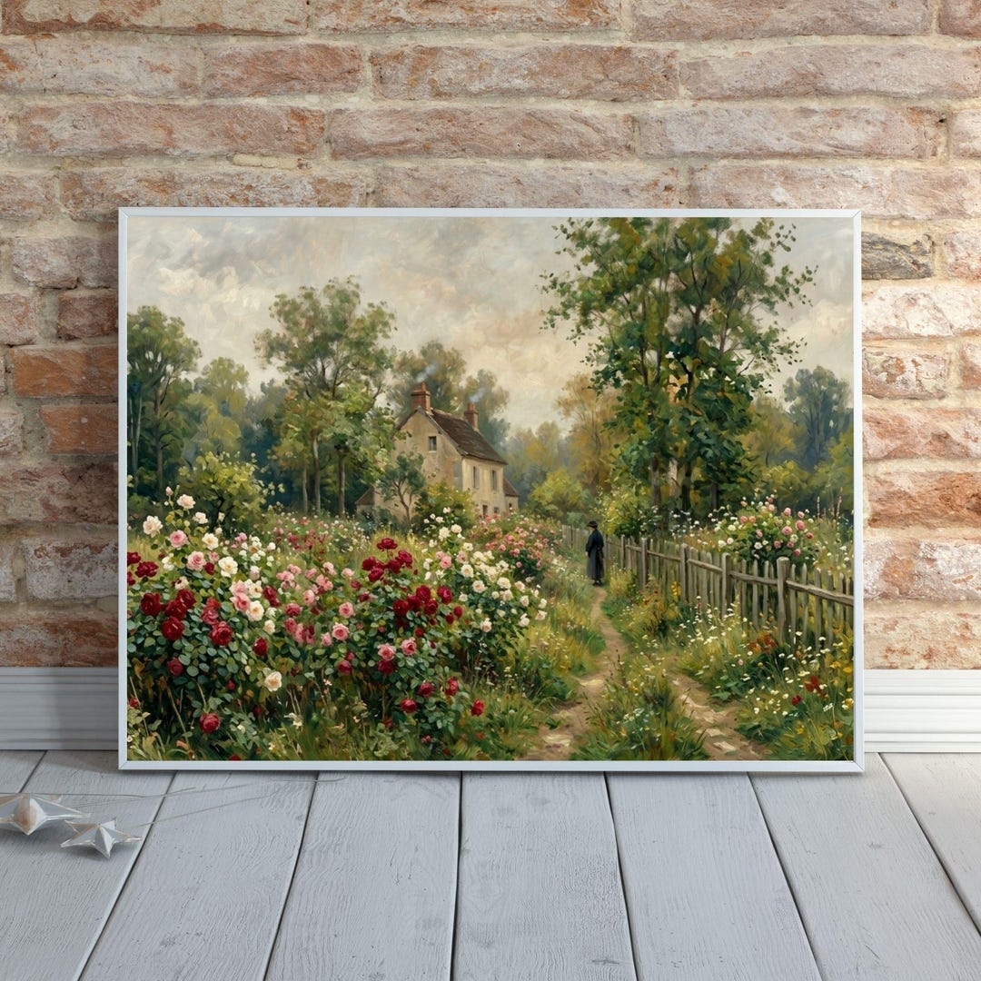 Vintage French Garden Poster, Impressionist Rose Garden Landscape Wall ...