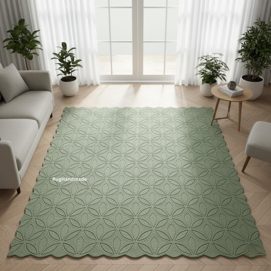 Sage Green Textured Rug – Handmade Tufted Carpet With Floral Pattern ...