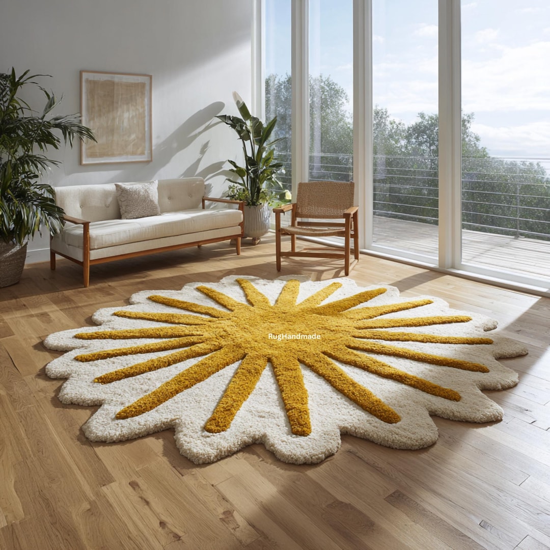 Hand-tufted Wool Daisy Rug | Sunburst Flower, Scalloped Edge - Etsy