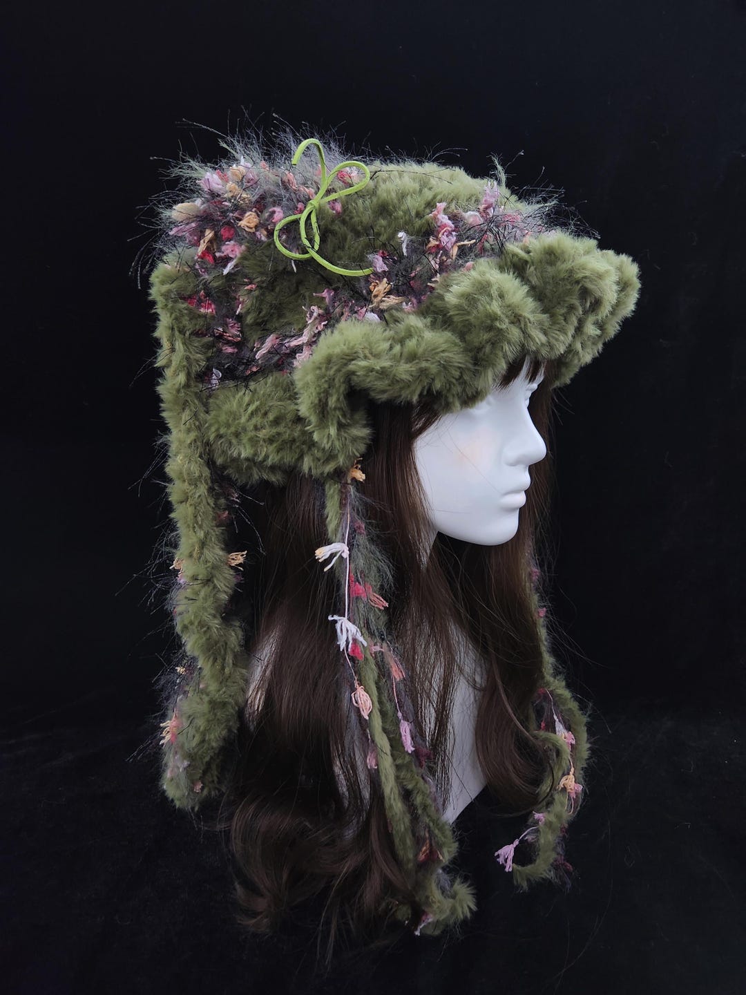Rabbit Ear Plush Hat: Handmade Green Floral Cozy Cap - Etsy