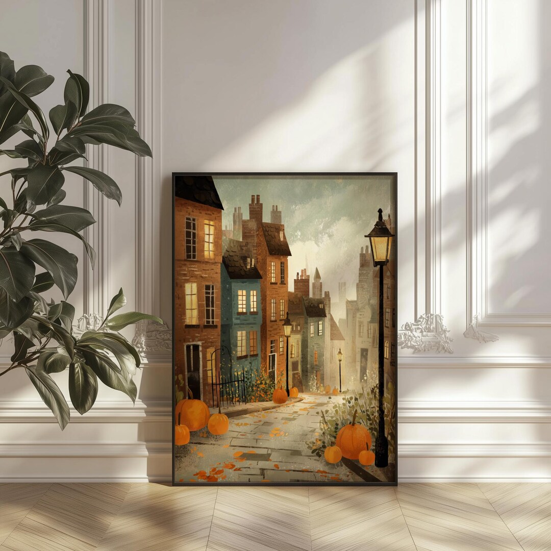 Autumn Lane Street Art | Pumpkin Poster | Halloween Village Print ...
