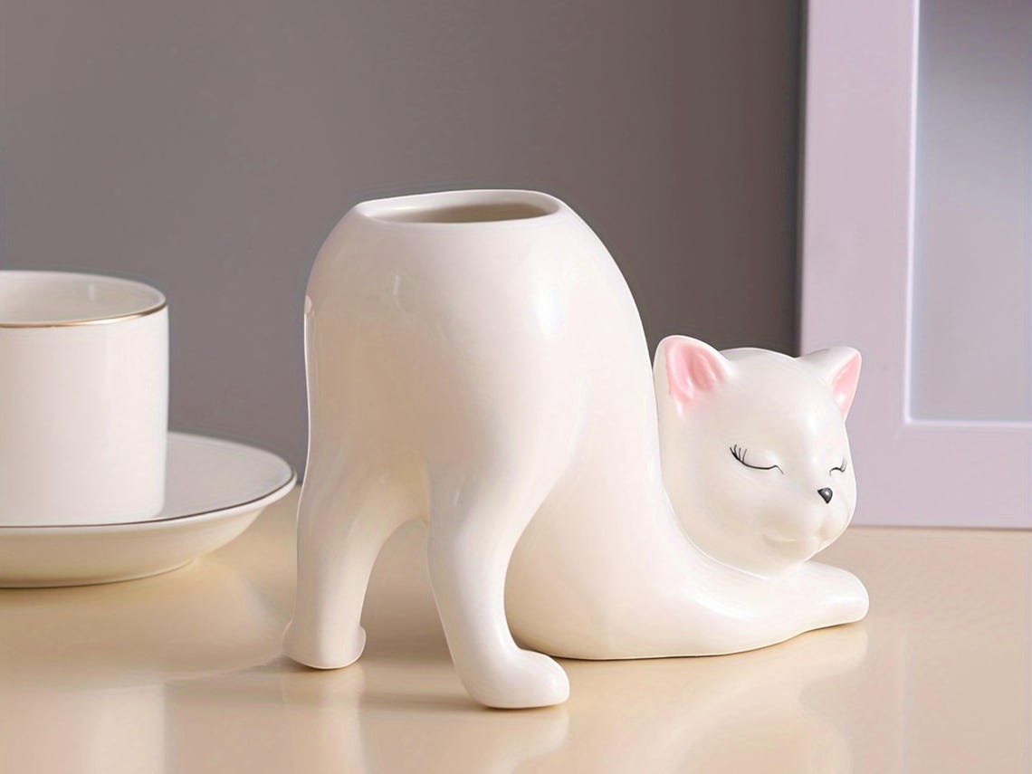 Whimsical Cat Vase – Ceramic Kitty Planter, Cute Cat Figurine Decor - Etsy