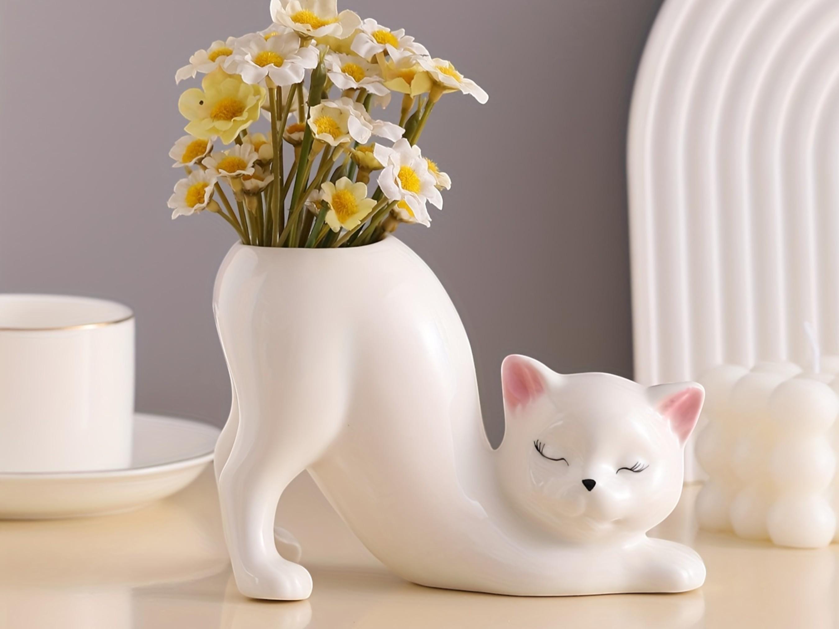Whimsical Cat Vase – Ceramic Kitty Planter, Cute Cat Figurine Decor - Etsy