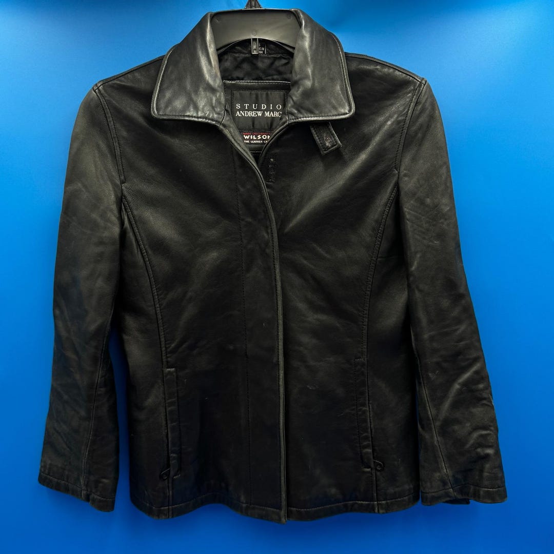 Studio Andrew Marc Women Black Leather Moto Jacket Coat Zipper VTG ...