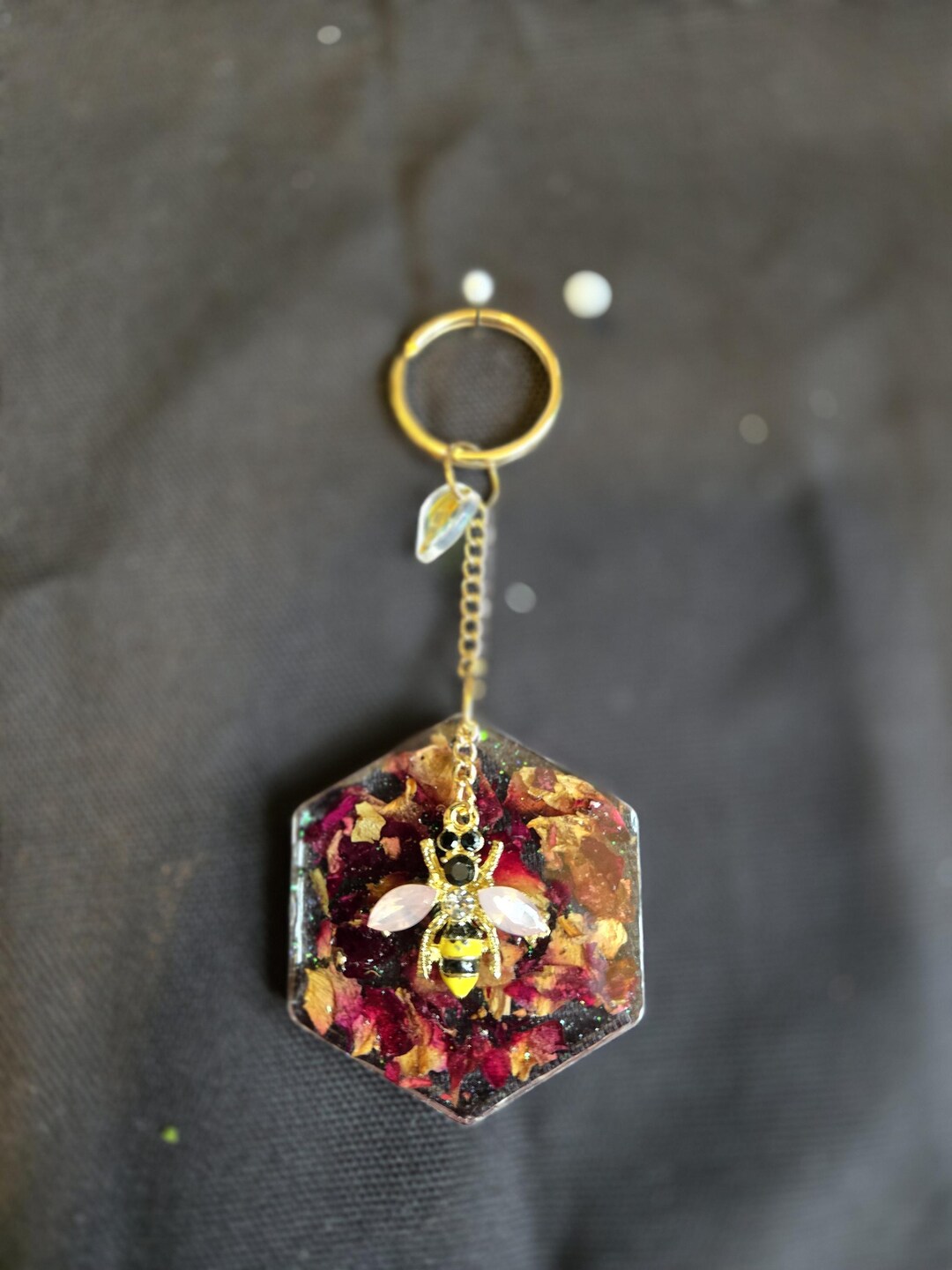 Large Honeycomb and Jeweled Bee Resin Keychain With Rose Petals - Etsy