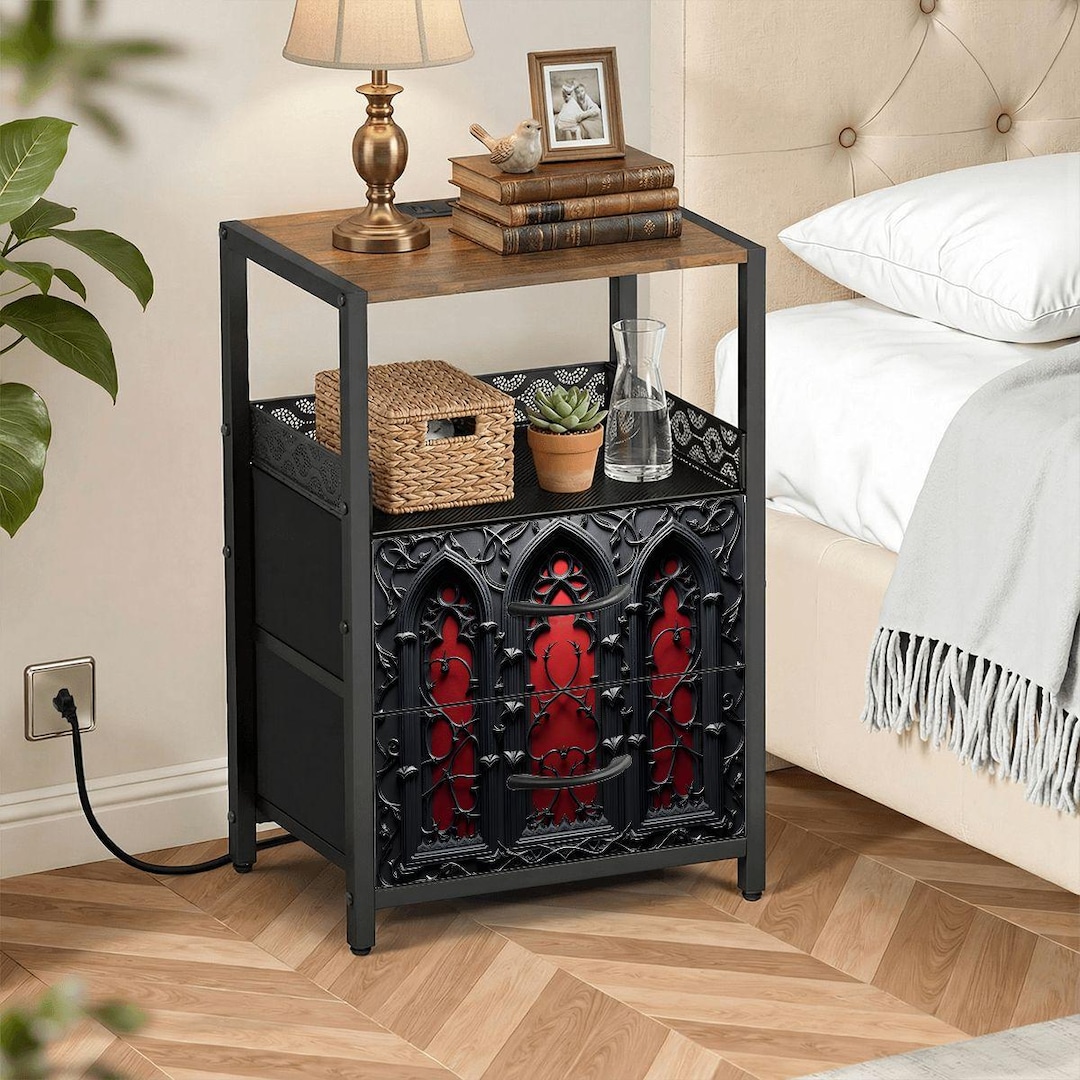 Gothic 2 Drawer Bedside Table Red Window Design, Cathedral Nightstand ...