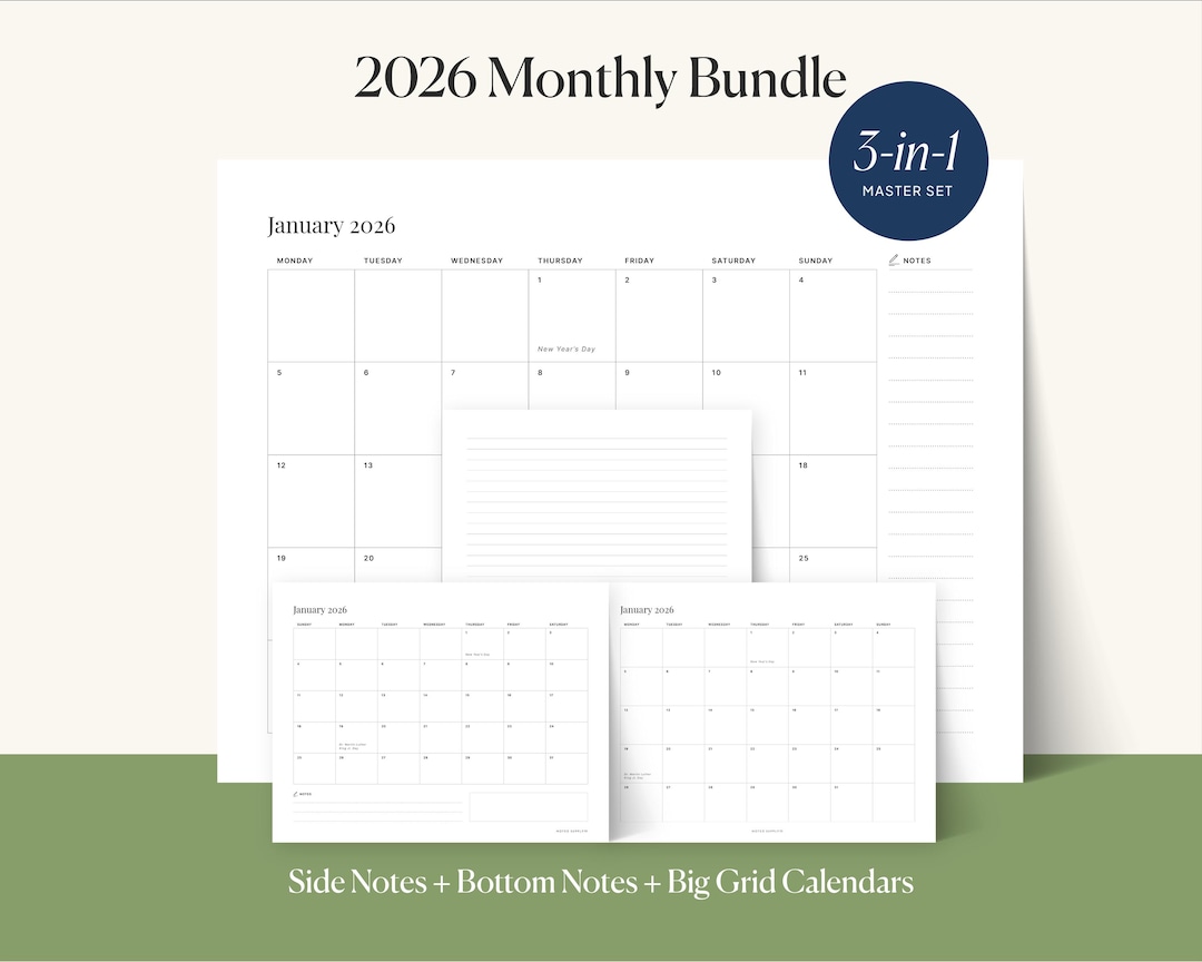 2026 Monthly Calendar Printable Master Collection 3 Layout Bundle Side ...