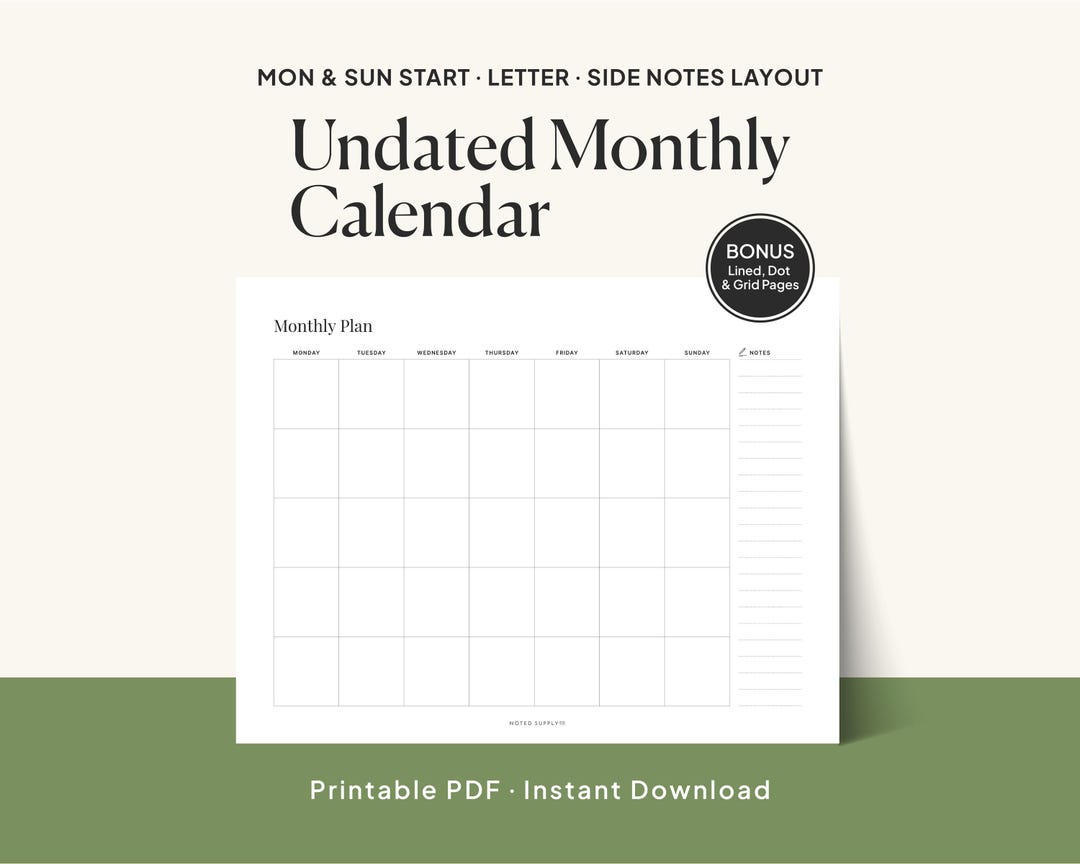 Undated Monthly Planner Printable PDF, Minimalist Calendar, Side Notes ...
