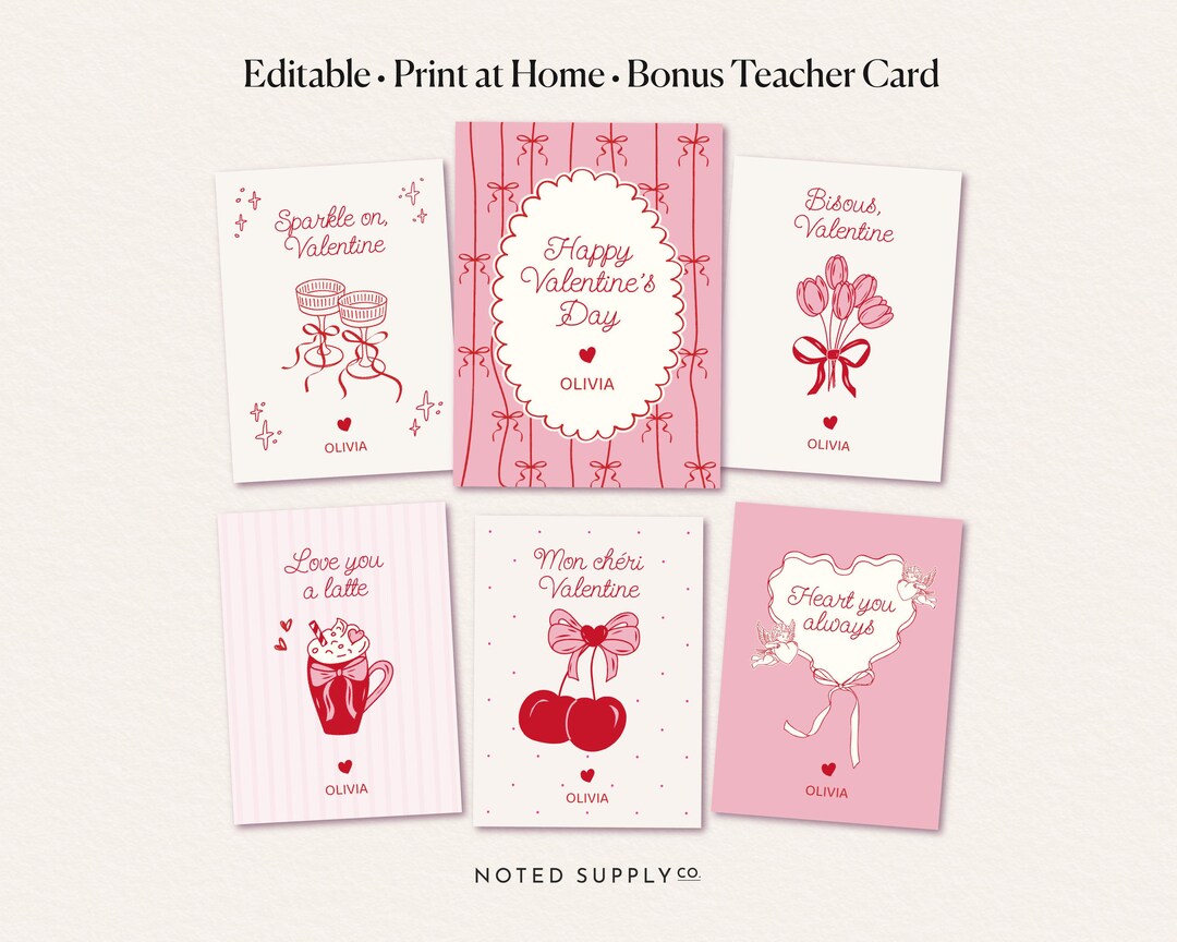 Coquette Valentine Cards for Kids Pink Bow Valentines Girly Classroom ...