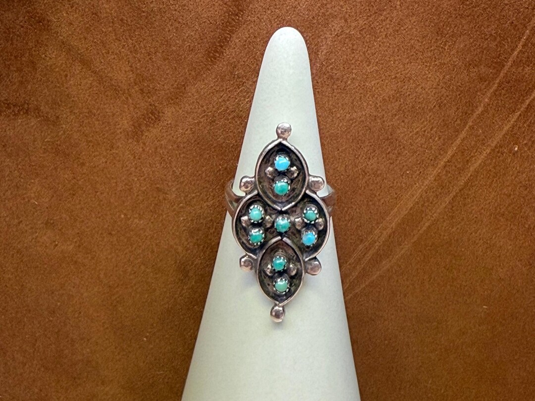 Vintage Zuni Petit Point Snake Eye Turquoise Sterling Silver Ring SZ 7. ...