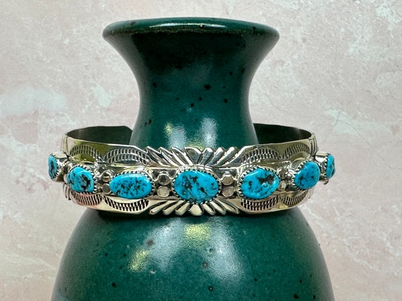 Navajo SS Turquoise Cuff Bracelet by David Segar SZ 7 - Gem